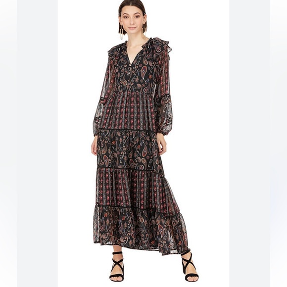 Joy Joy | Dresses | Joy Joy Black Paisley Tiered Balloon Sleeve Maxi ...